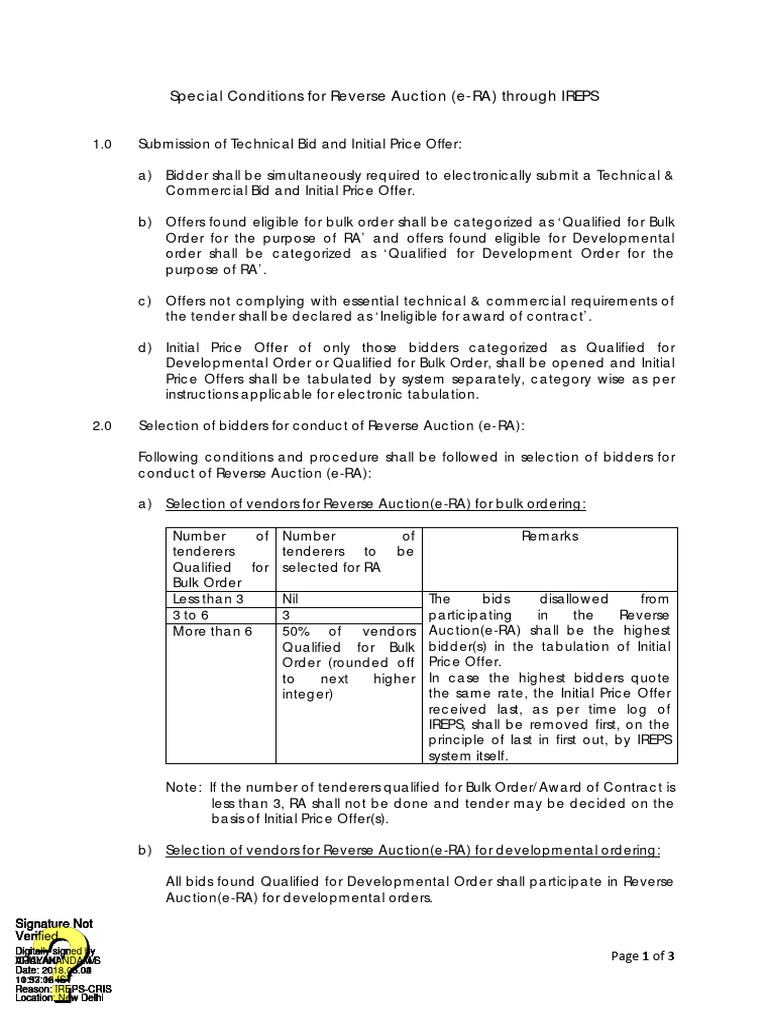 Special Conditions For Reverse Auction (e-RA) Through IREPS: 1.0 Submission of Technical Bid and ...