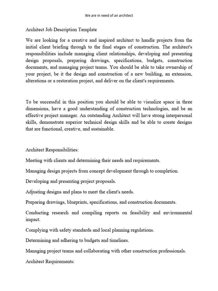 Architect Job Description Template | PDF | Architect | Specification (Technical Standard)