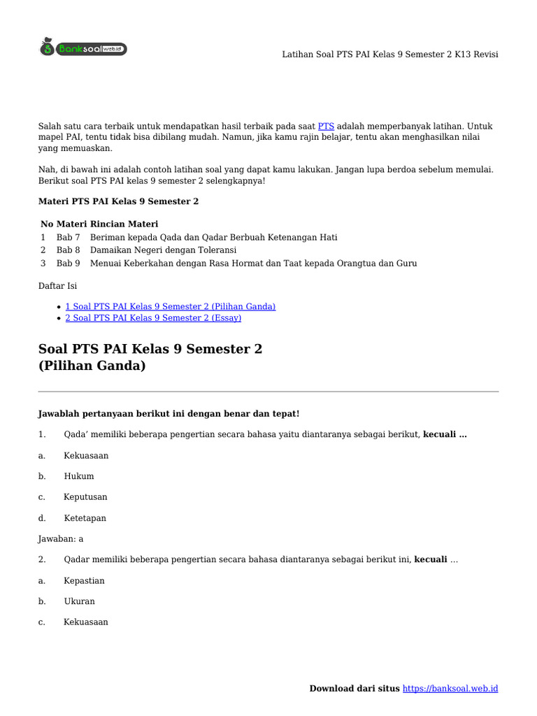 Latihan Soal PTS PAI Kelas 9 Semester 2 K13 Revisi | PDF