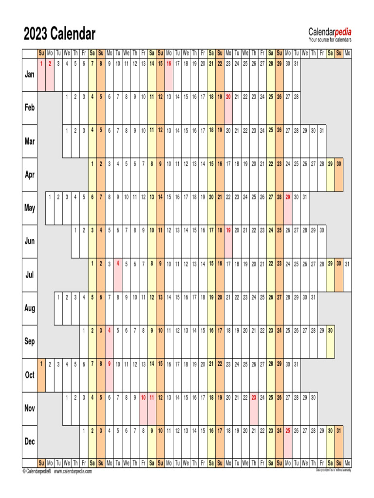 2023 Calendar Landscape Linear Days Aligned | PDF