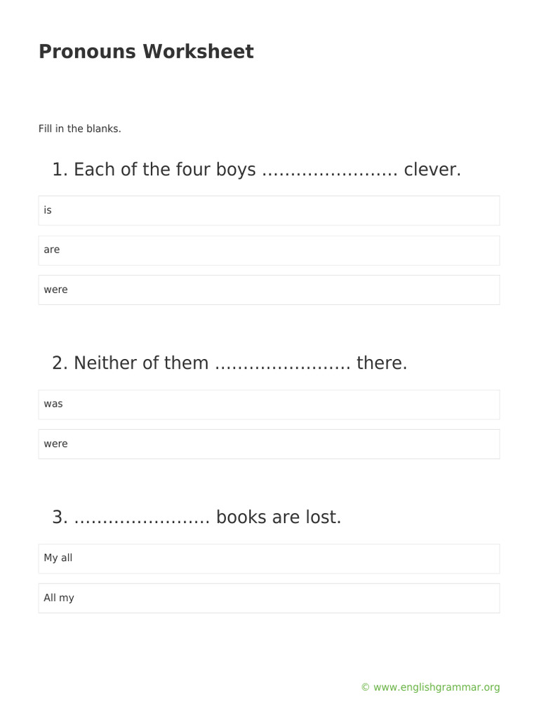 Pronouns Fill-in-the-Blank Worksheet | PDF