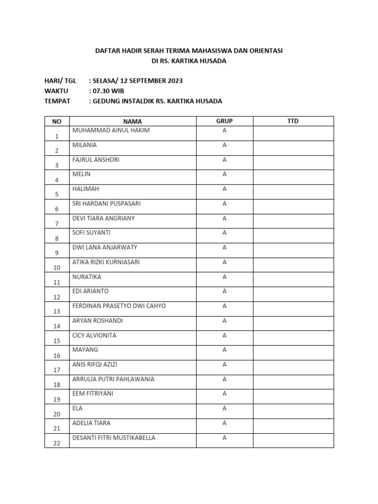 Daftar Hadir Serah Terima Mahasiswa Dan Orientasi RS Fix Ok | PDF Daftar Hadir Serah Terima Mahasiswa Dan Orientasi RS Fix Ok | PDF