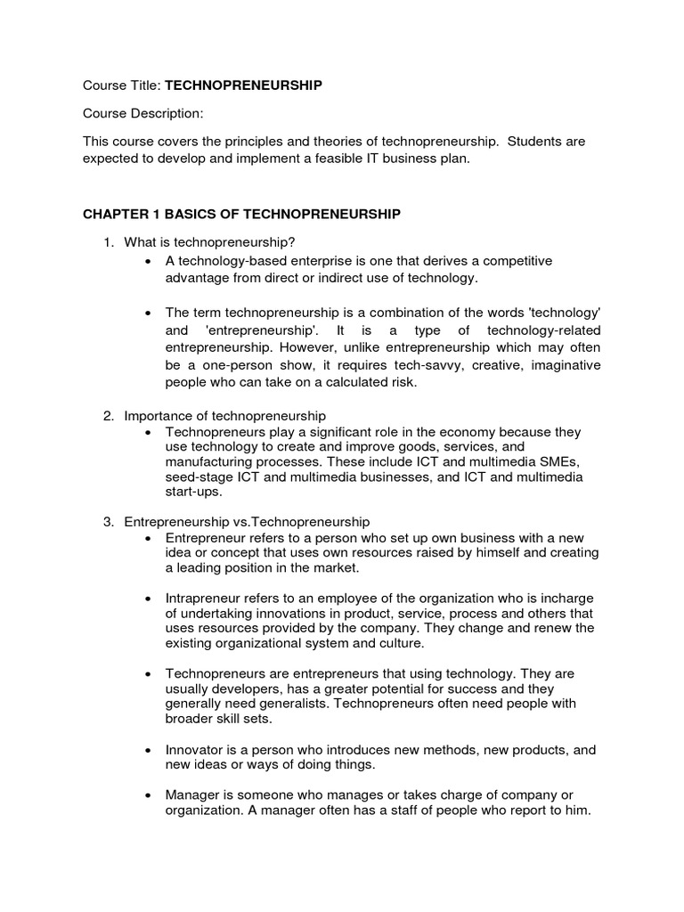 Chapter 1 BASICS OF TECHNOPRENEURSHIP | PDF | Entrepreneurship ... Chapter 1 BASICS OF TECHNOPRENEURSHIP | PDF | Entrepreneurship ...