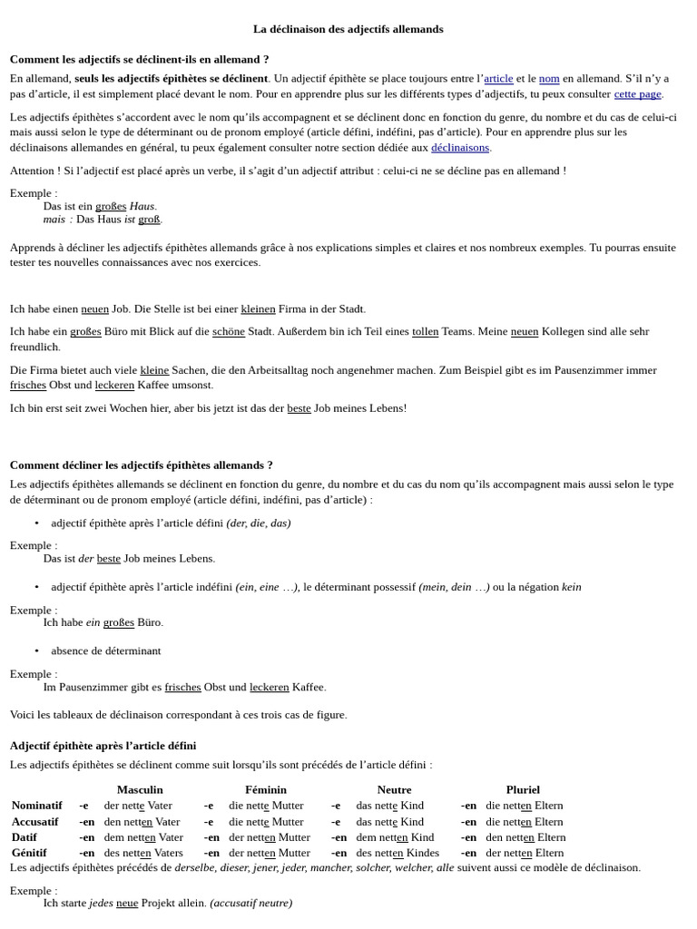 La Déclinaison Des Adjectifs Allemands | PDF