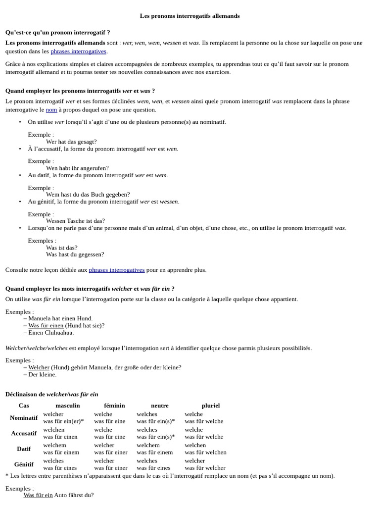 Les Pronoms Interrogatifs Allemands | PDF | Pronom | Genre grammatical