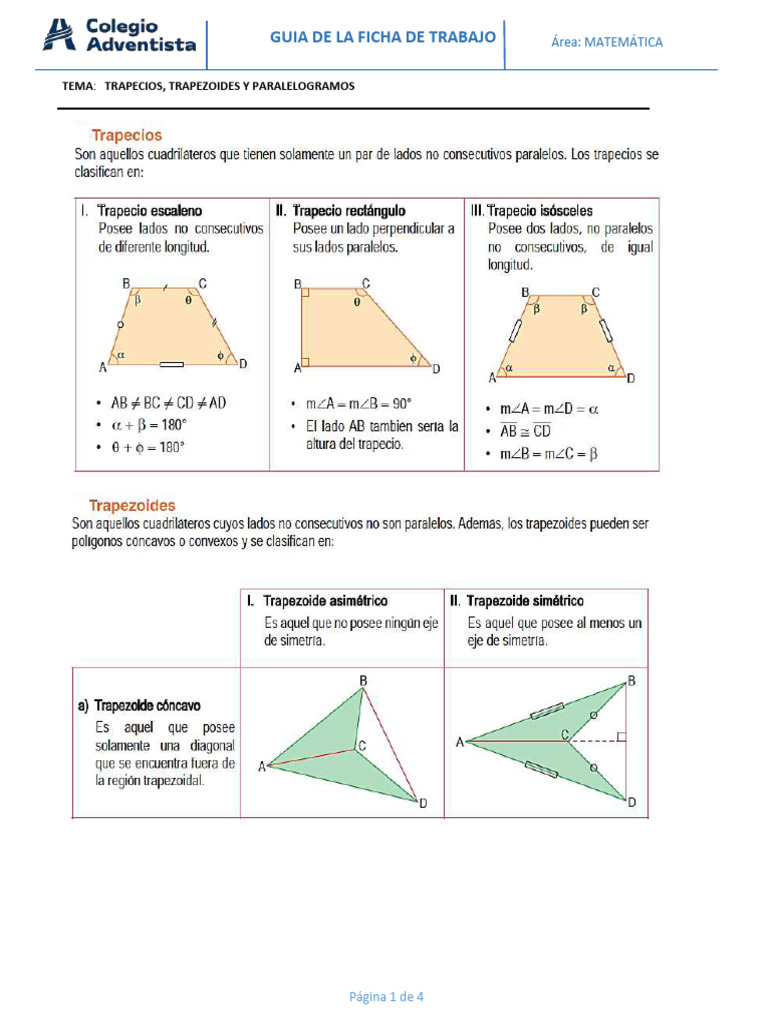 2 Ficha de Trapecios, Trapezoides y Paralelogramos | PDF