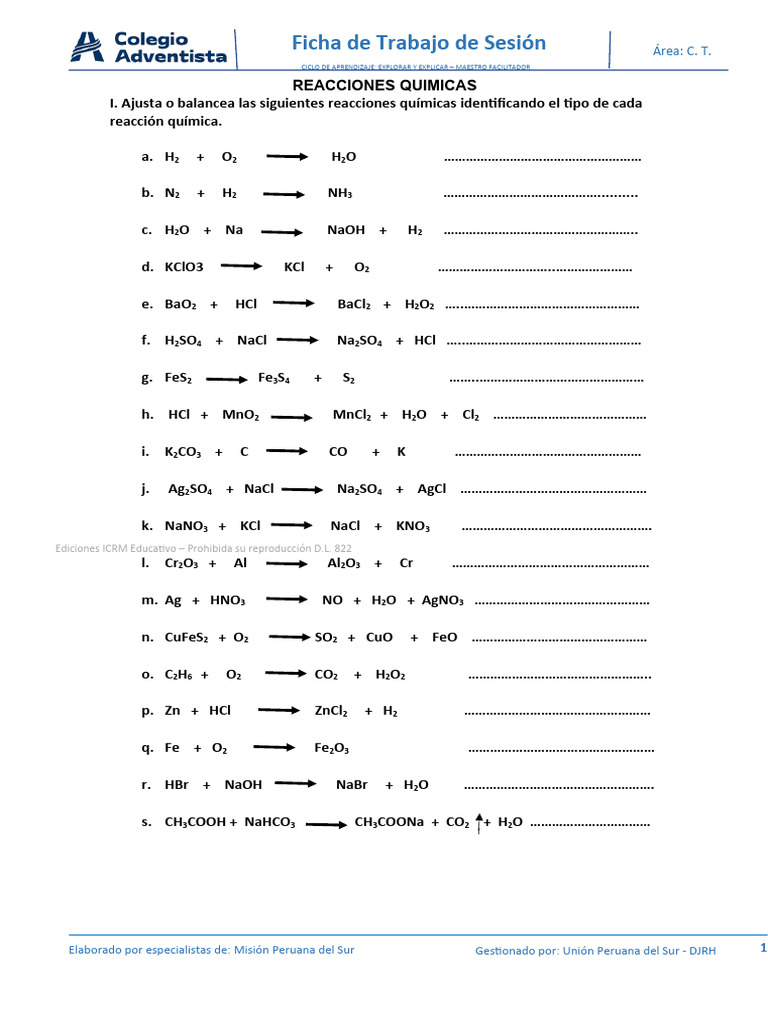 12 Ficha de Trabajo Reacciones Quimicas | PDF