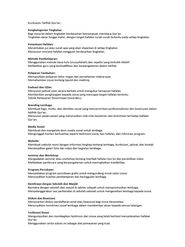 Kurikulum Tahfidz Quran | PDF