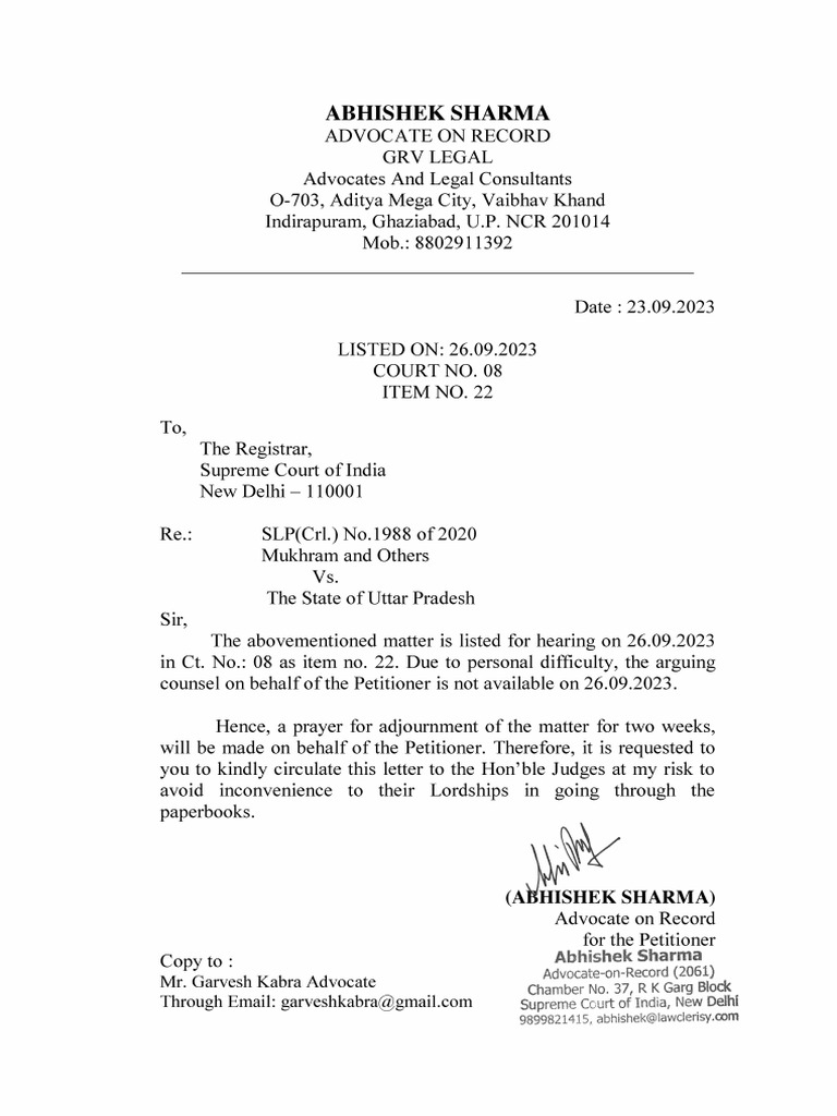 2023 09 23 Letter For Adjourn Mukhram and Others | PDF