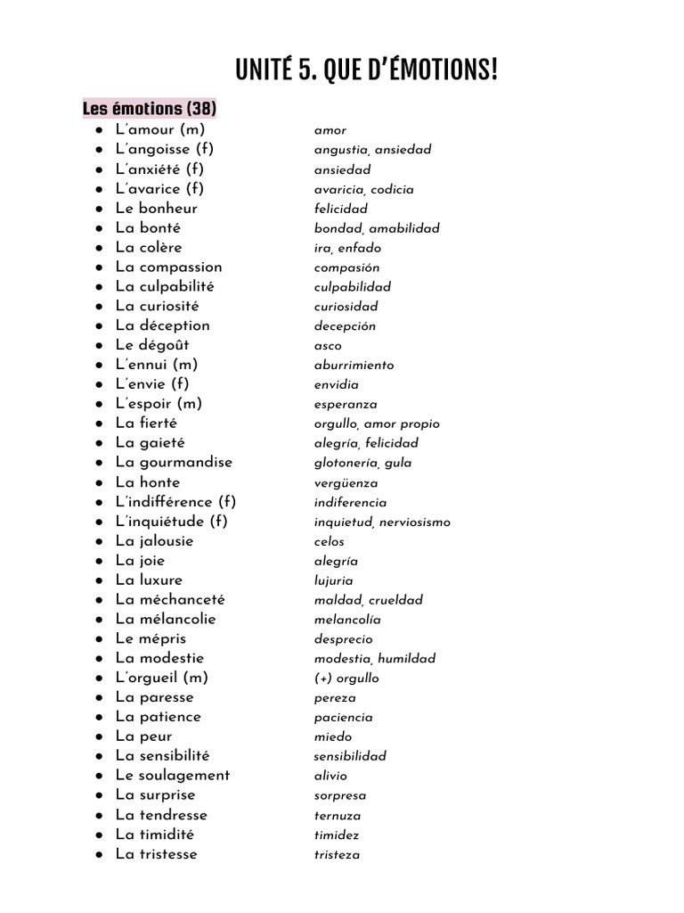 Unité 5. Que D'émotions! | PDF | Las emociones | Siete pecados capitales