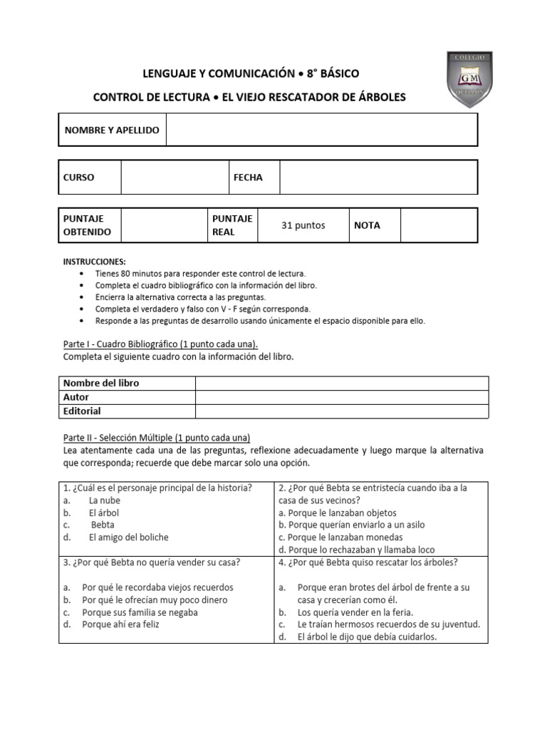 8b Control de Lectura - El Viejo Rescatador de Árboles | PDF