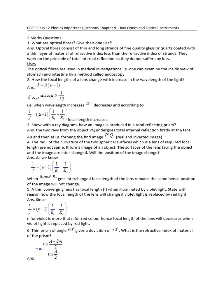 CBSE Class 12 Physics Important Questions and Answer 1&2 Marks Optics | PDF