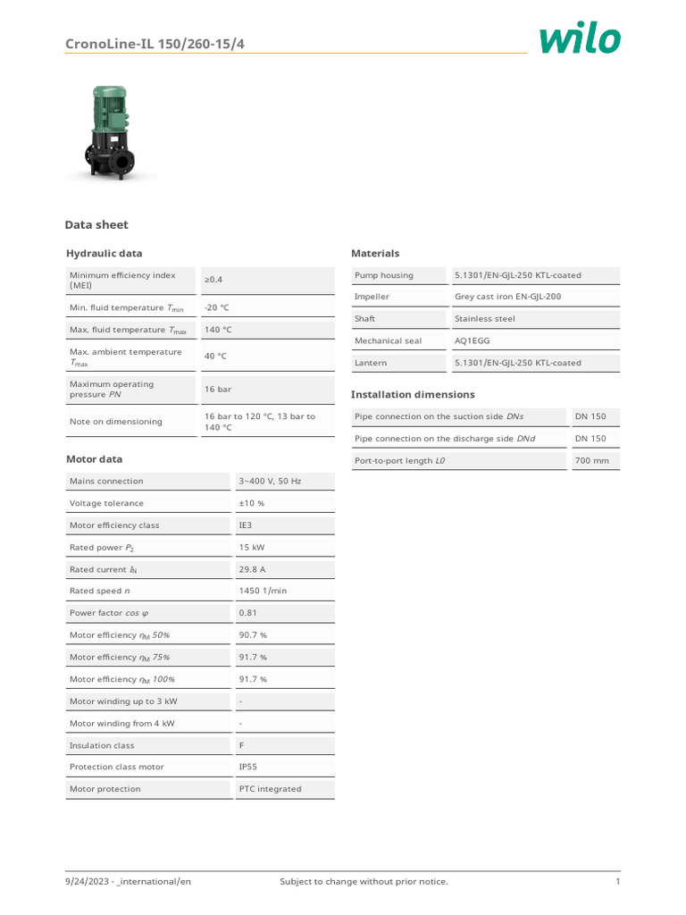 Wilo Datasheet - International - en - 2120813 - Cronoline Il 150 260 15 4 | PDF | Pump ...