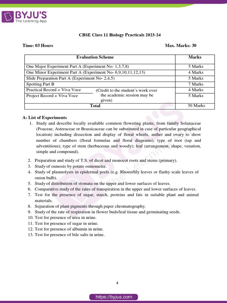 CBSE Class 11 Biology Practicals 2023 24 | PDF
