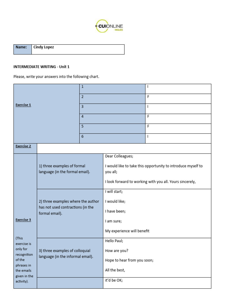 Writing - Intermediate Answers | PDF