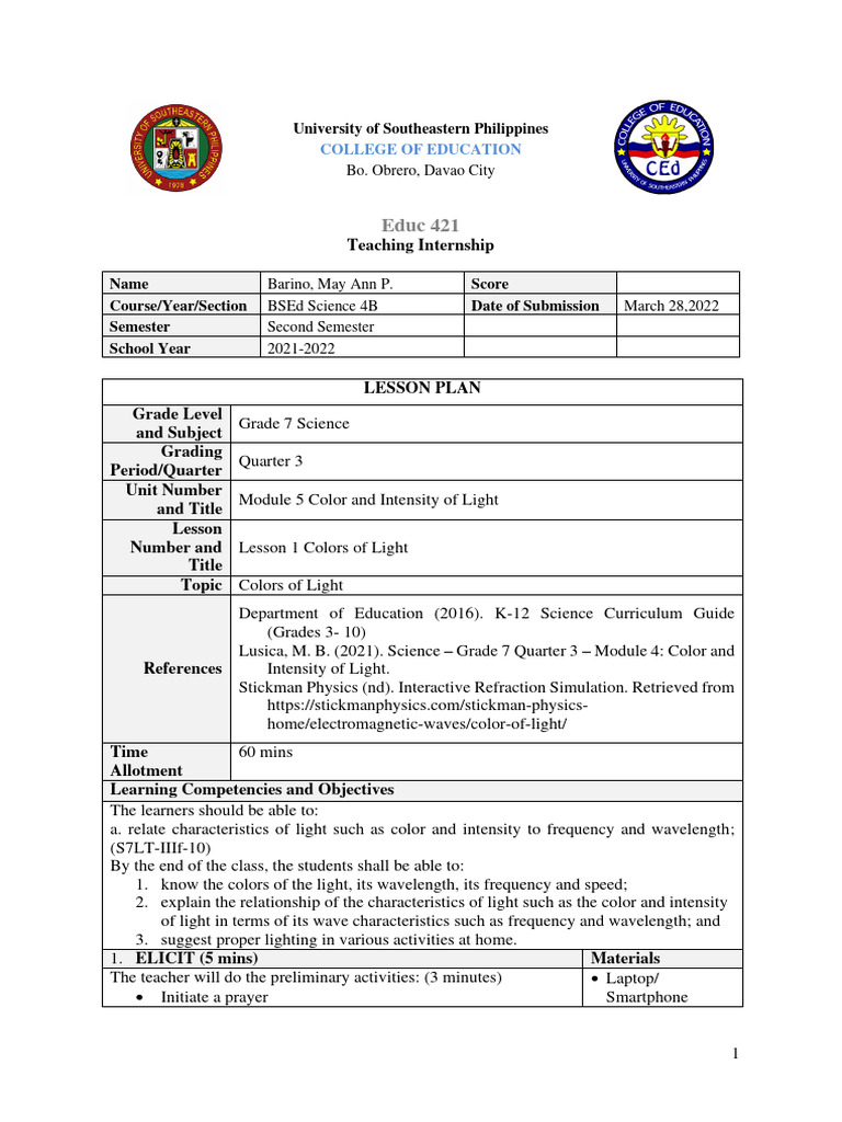 Grade 7 Science: Colors of Light Lesson Plan | PDF | Language Arts & Discipline