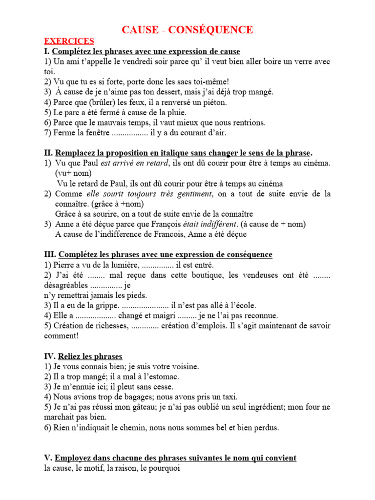 Cause Et Conséquence - Exercices | PDF | Arts du langage et discipline