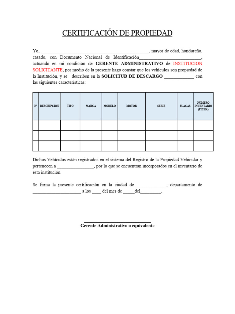 Certificado de Propiedad Ejemplo | PDF