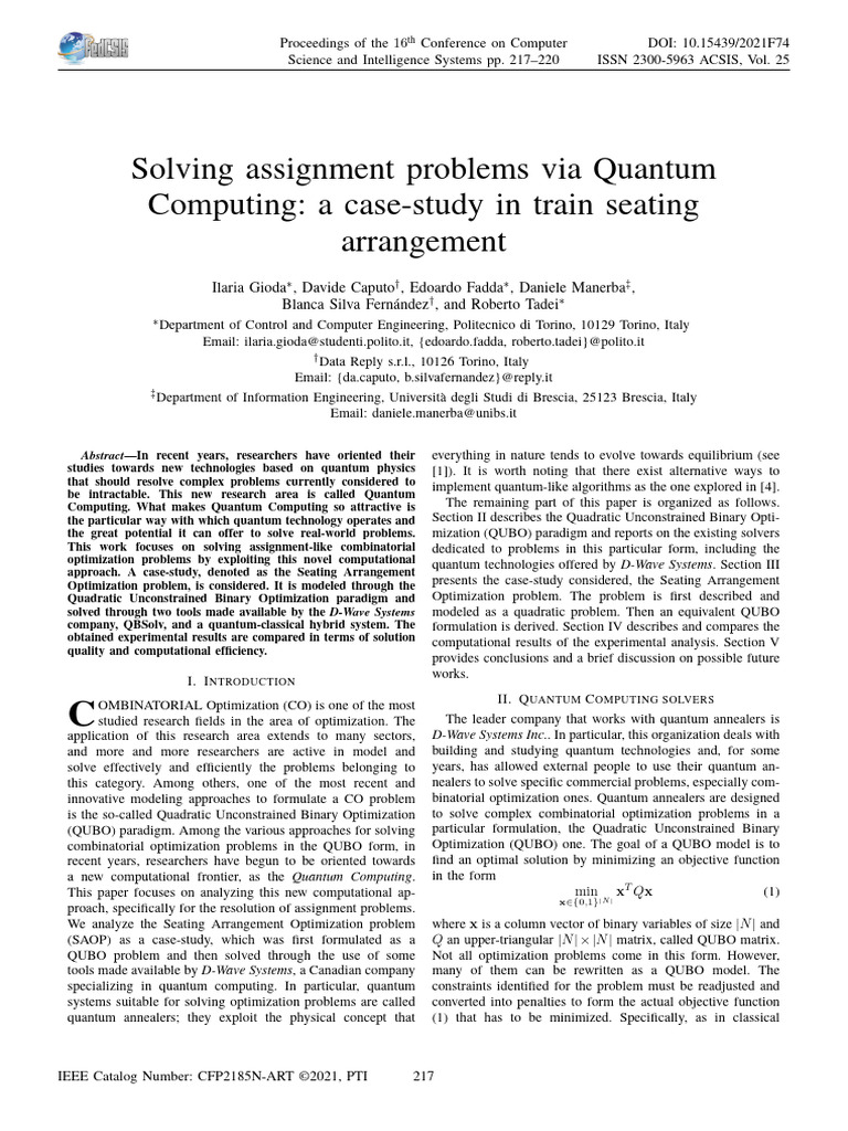 Solving Assignment Problems Via Quantum Computing | PDF Solving Assignment Problems Via Quantum Computing | PDF