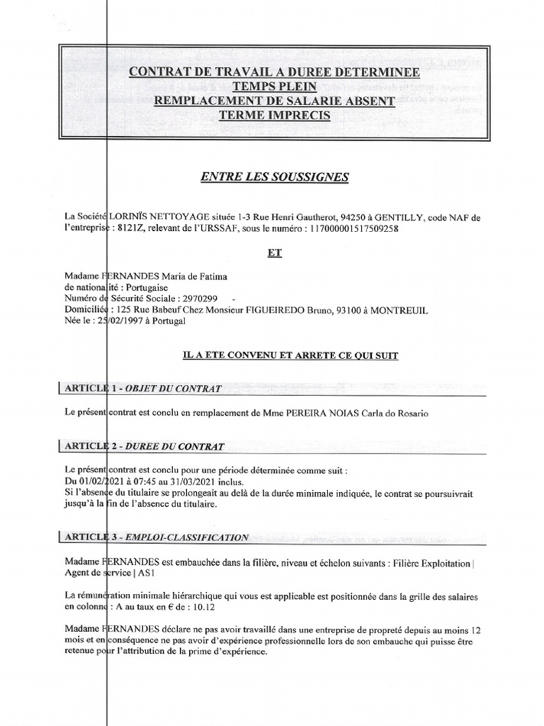 Fatima Contrato de Travail | PDF
