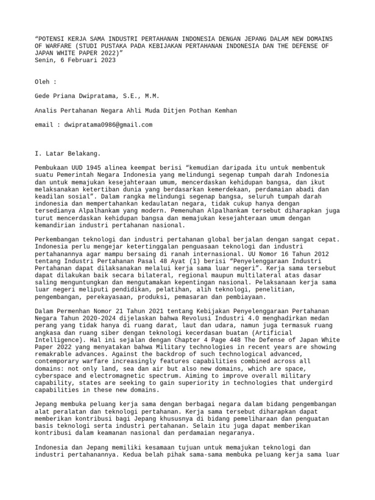 Potensi Kerja Sama Industri Pertahanan Indonesia Dengan Jepang Dalam New Domains of Warfare ...