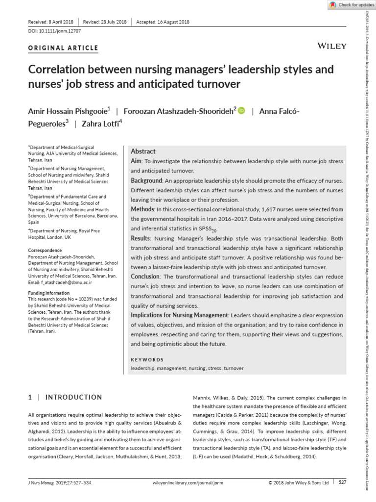 J Nursing Management - 2018 - Pishgooie - Correlation Between Nursing ...
