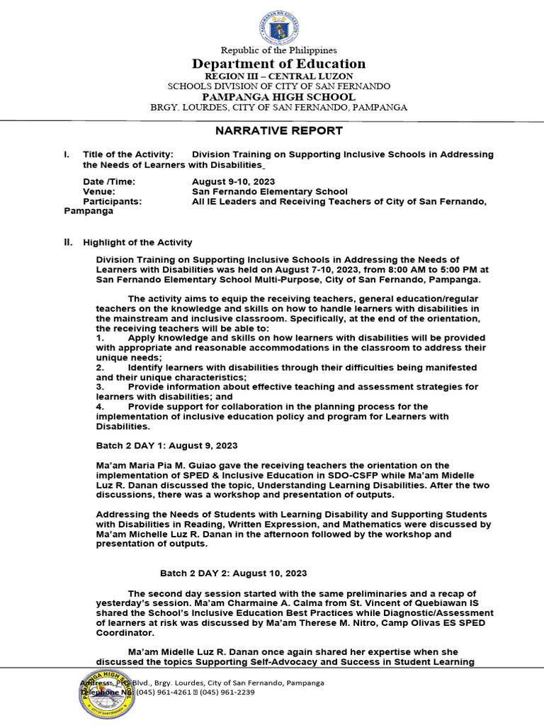 Narrative-Report-INCLUSIVE EDUCATION | PDF | Inclusion (Education ...