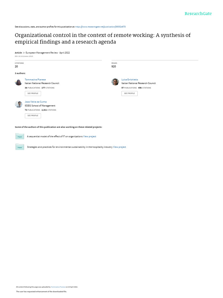 Organizational Control in The Context of Remote Working: A Synthesis of Empirical Findings and A ...