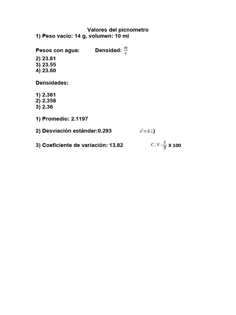 Valores Del Picnometro | PDF