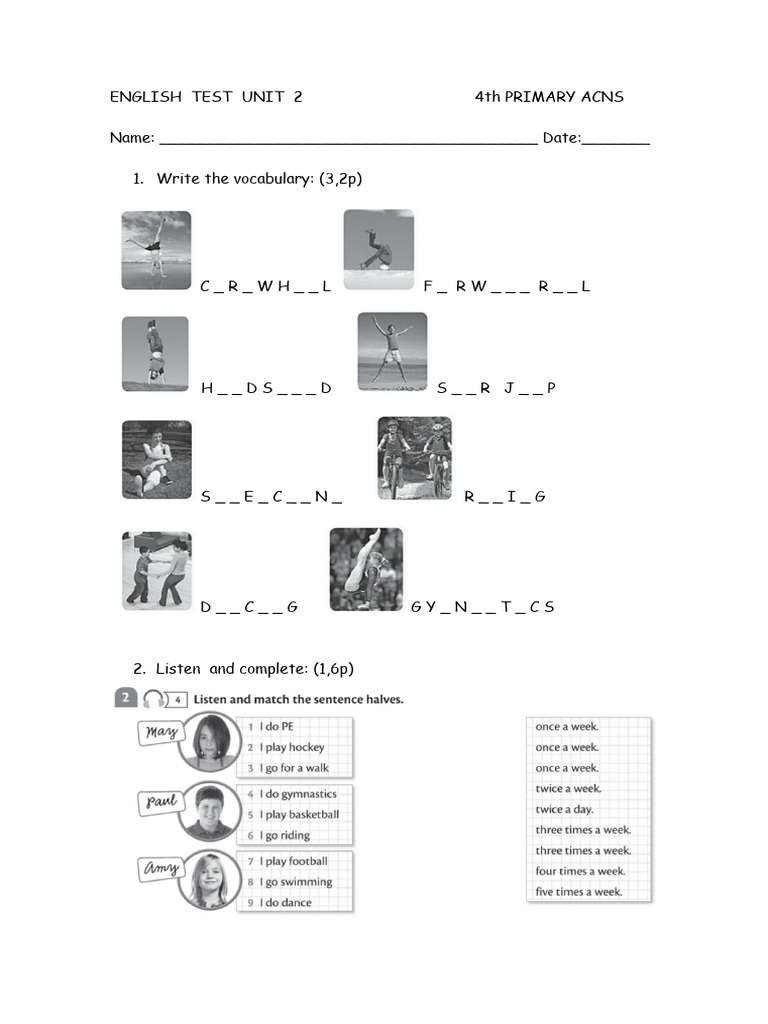 ENGLISH TEST UNIT 2 4th PRIMARY WONDER | PDF
