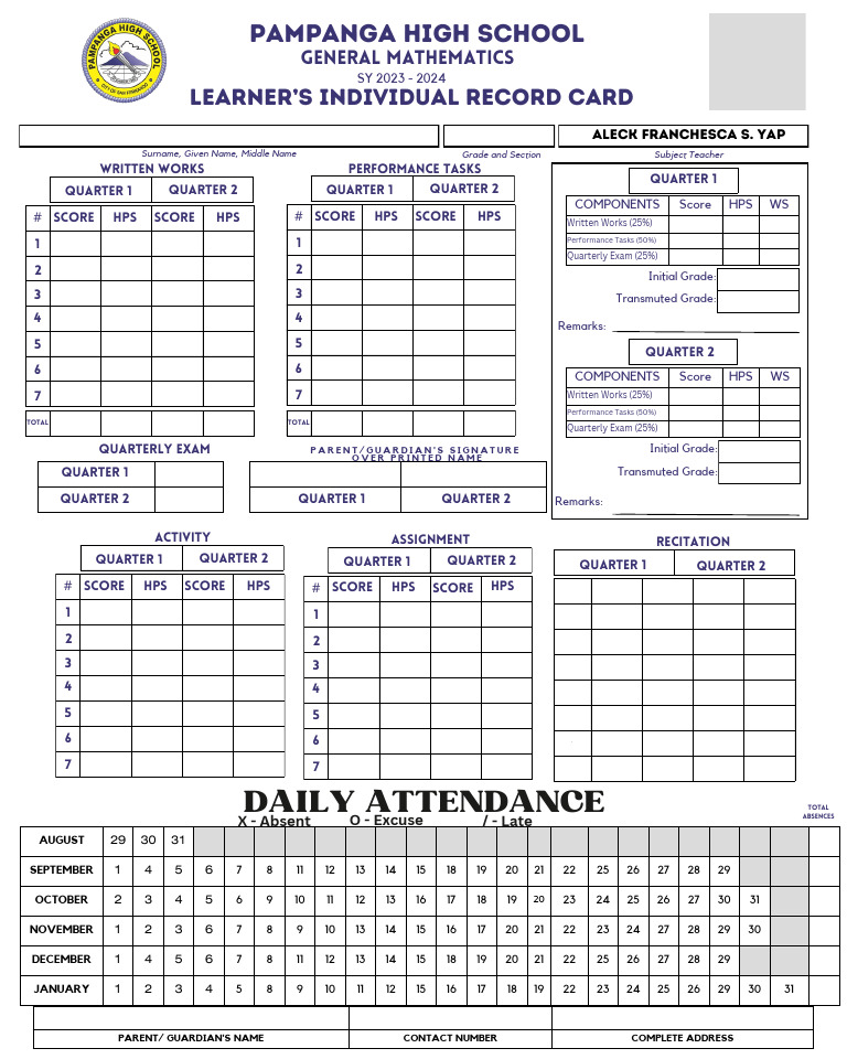 Duplicate Your Copy Before Edit - Learner's Individual Record Card (8 × ...