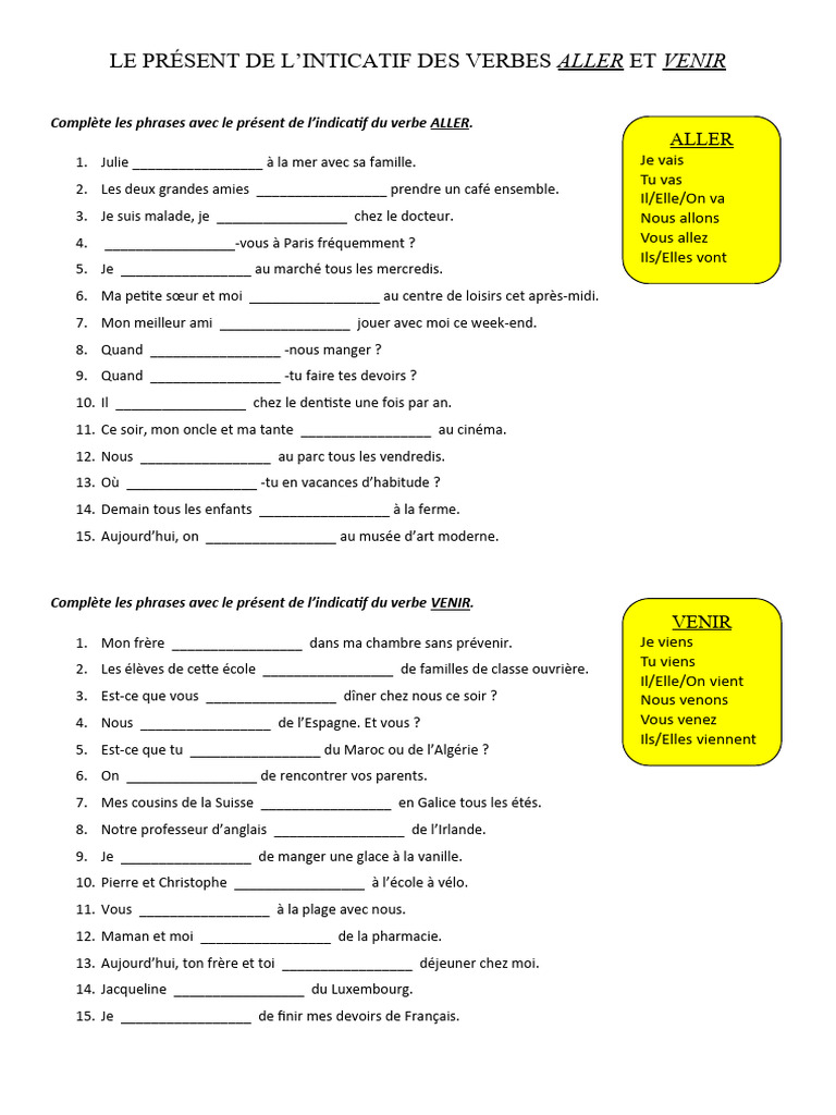 Le Present de Lindicatif Des Verbes Aller Et Venir Exercice Grammatical ...