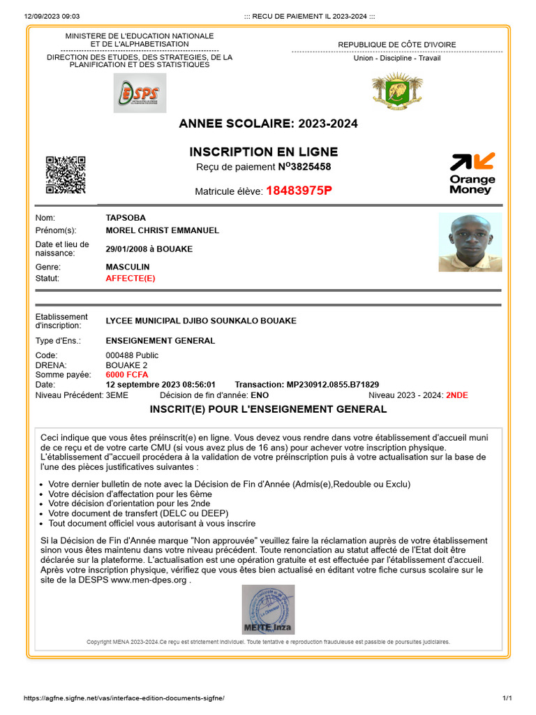 Recu de Paiement Il 2023-2024 | PDF