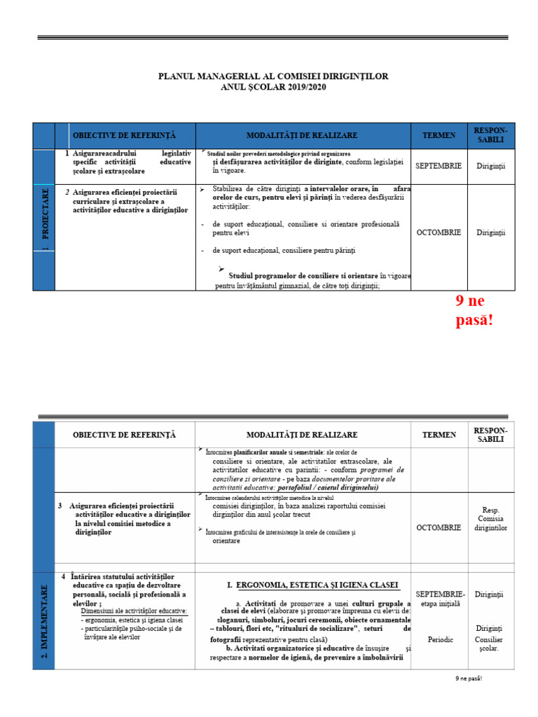 Plan Managerial Comisie Diriginti WORD | PDF