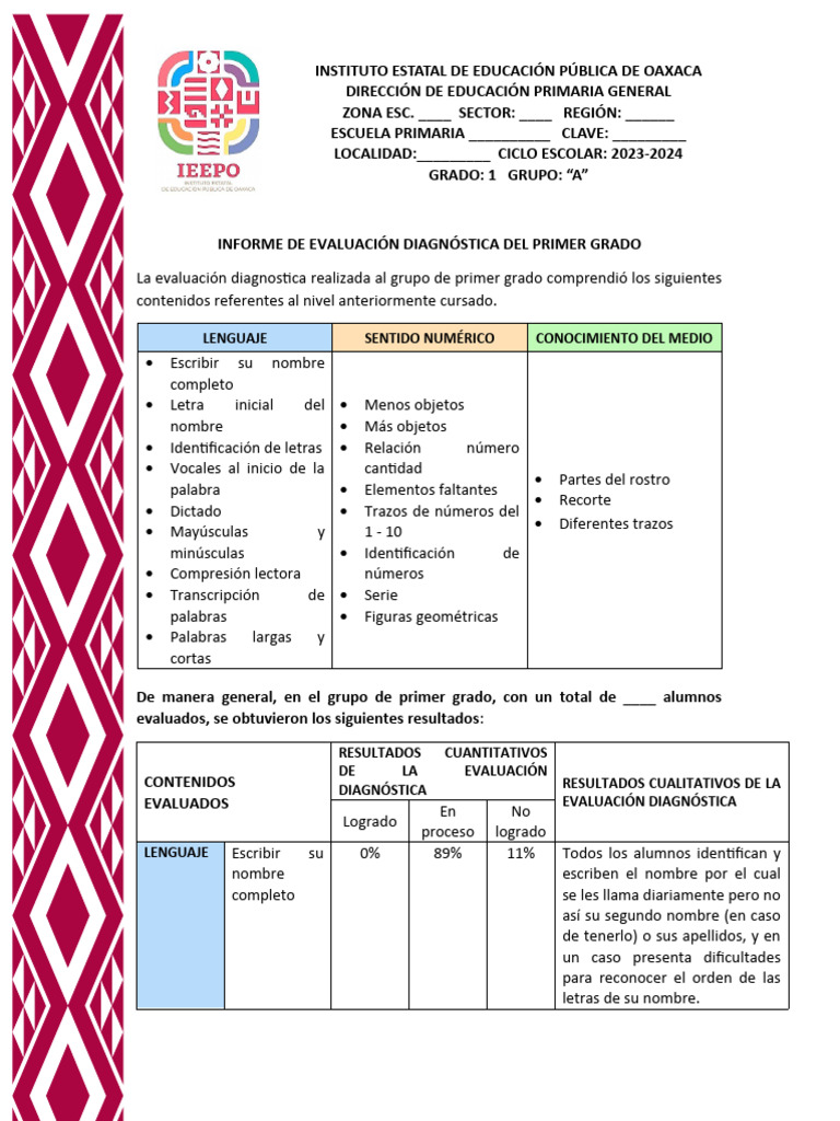 Informe de Evaluación Diagnóstica de Primer Grado de Primaria | PDF ...