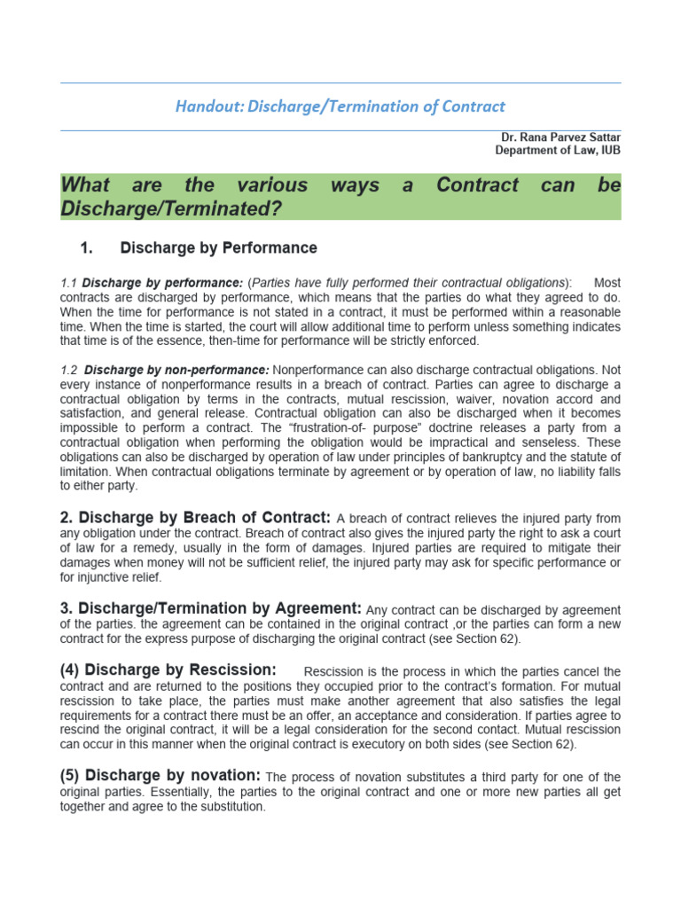 Discharge of Contract | PDF | Breach Of Contract | Legal Remedy