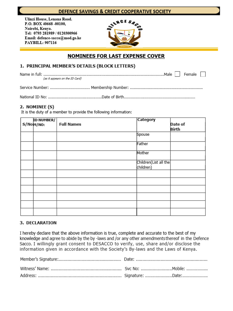 Nominees For Last Expense Cover Form | PDF