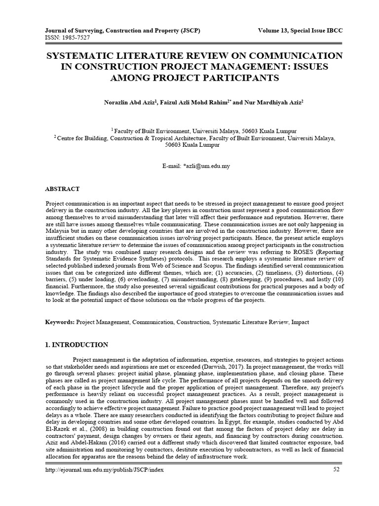 Systematic Literature Review On Communication in Construction Project Management: Issues Among ...