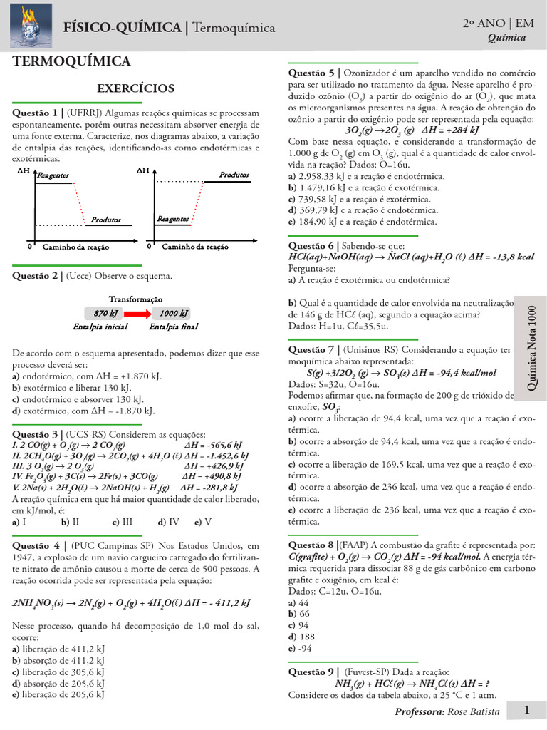 Termoquímica Exercicios 2023 Rose | PDF