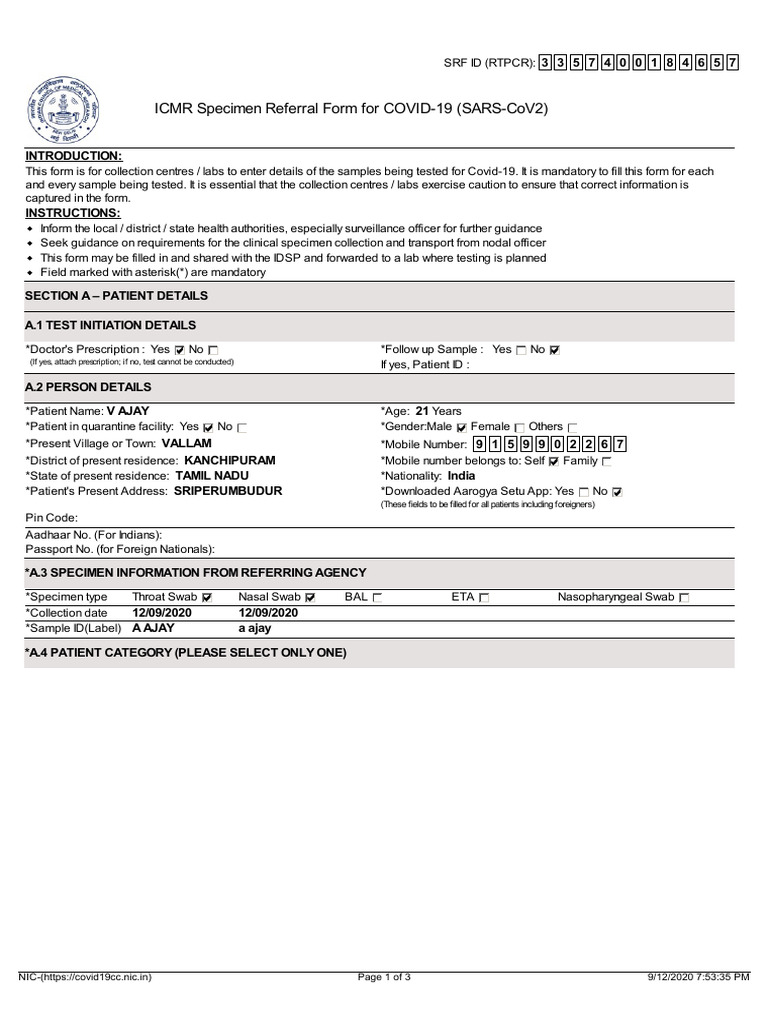 Icmr Specimen Referral Form For Covid-19 (Sars-Cov2) : (If Yes, Attach ...