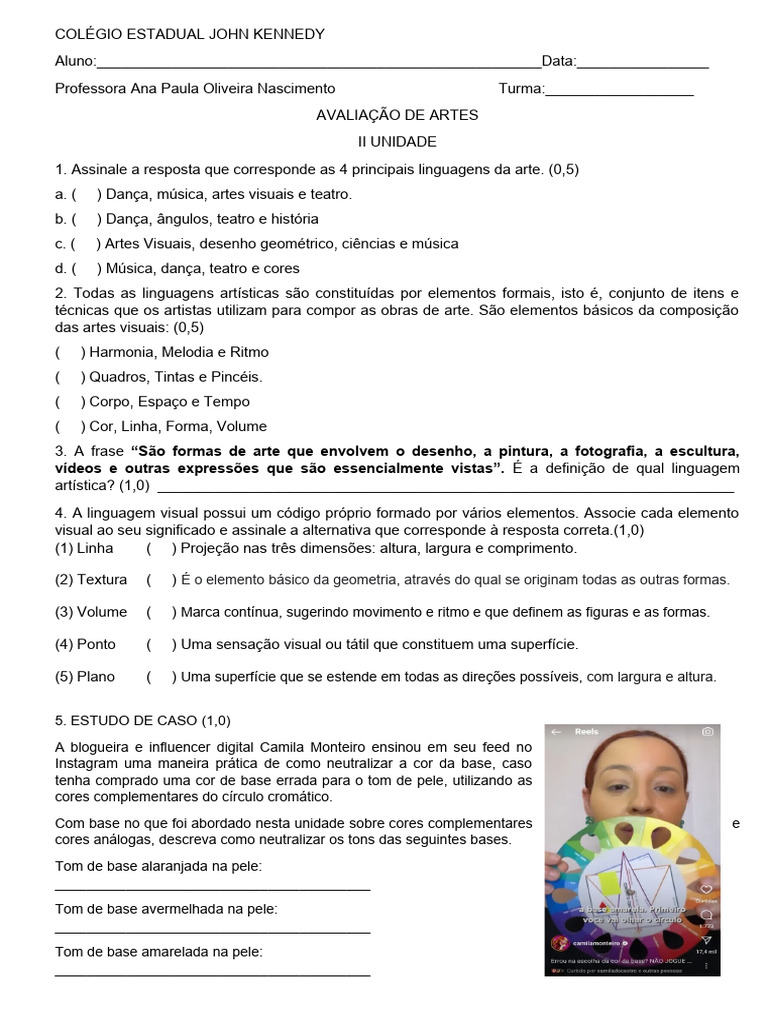 Prova de Arte II Unit | PDF | Cor