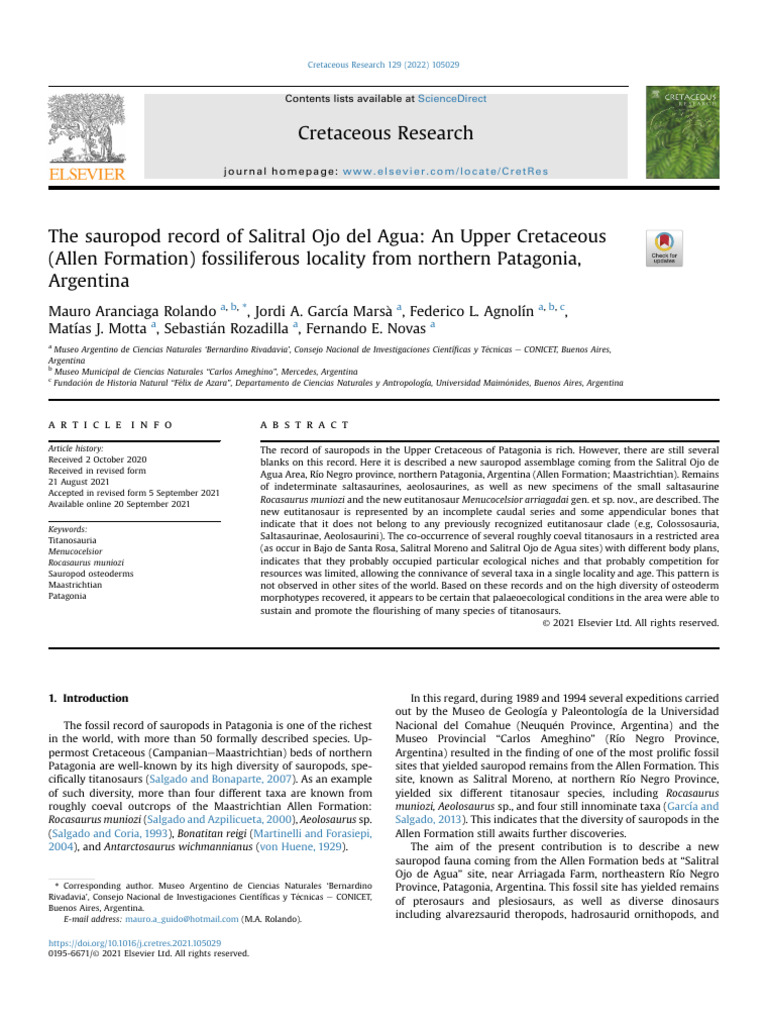 Aranciaga Rolando Et Al., 2022, The Sauropod Record of Salitral Ojo Del Agua An Upper Cretaceous ...