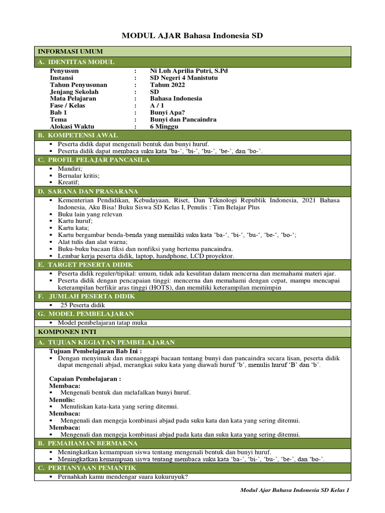 MODUL AJAR Bahasa Indonesia SD | PDF
