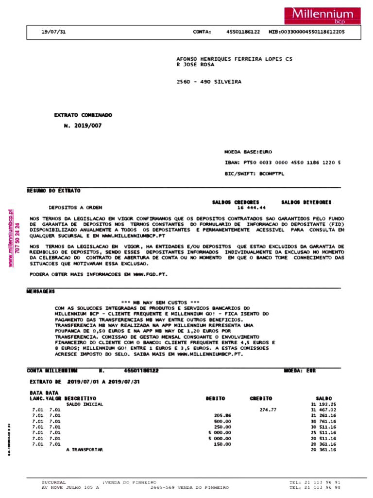 Extrato Bancário Millennium BCP 07/2019 | PDF | Economias | Dinheiro