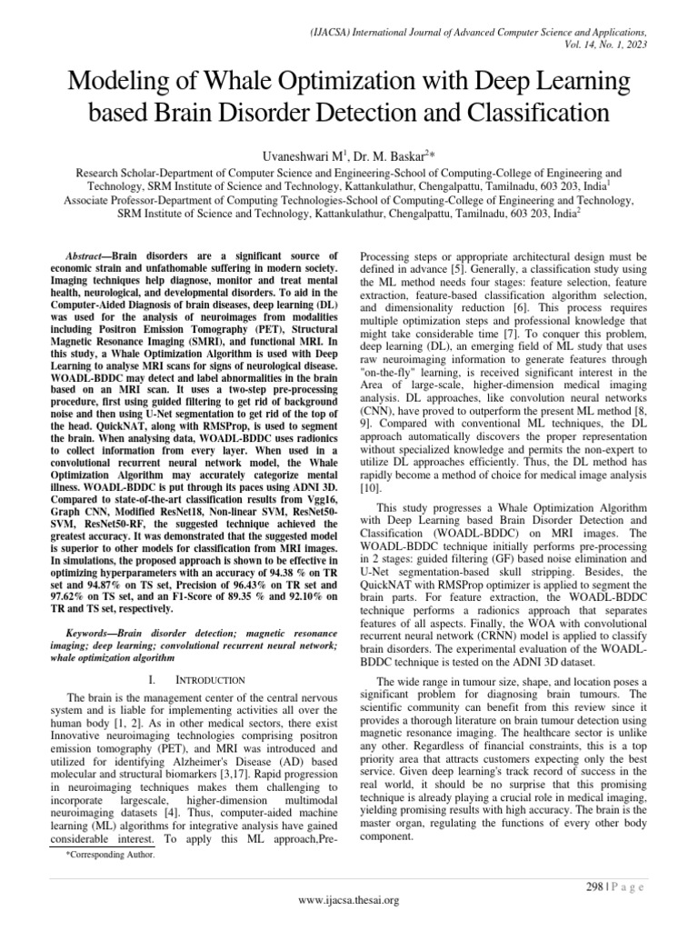 Modeling Of Whale Optimization With Deep Learning Based Brain Disorder Detection And