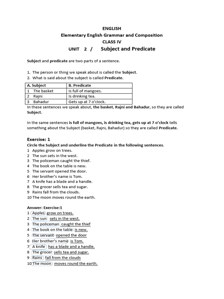 Subject and Predicate: English Elementary English Grammar and ...