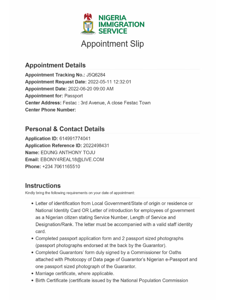 Appointment Slip - NjMyMzMy Nigeria Passport | PDF