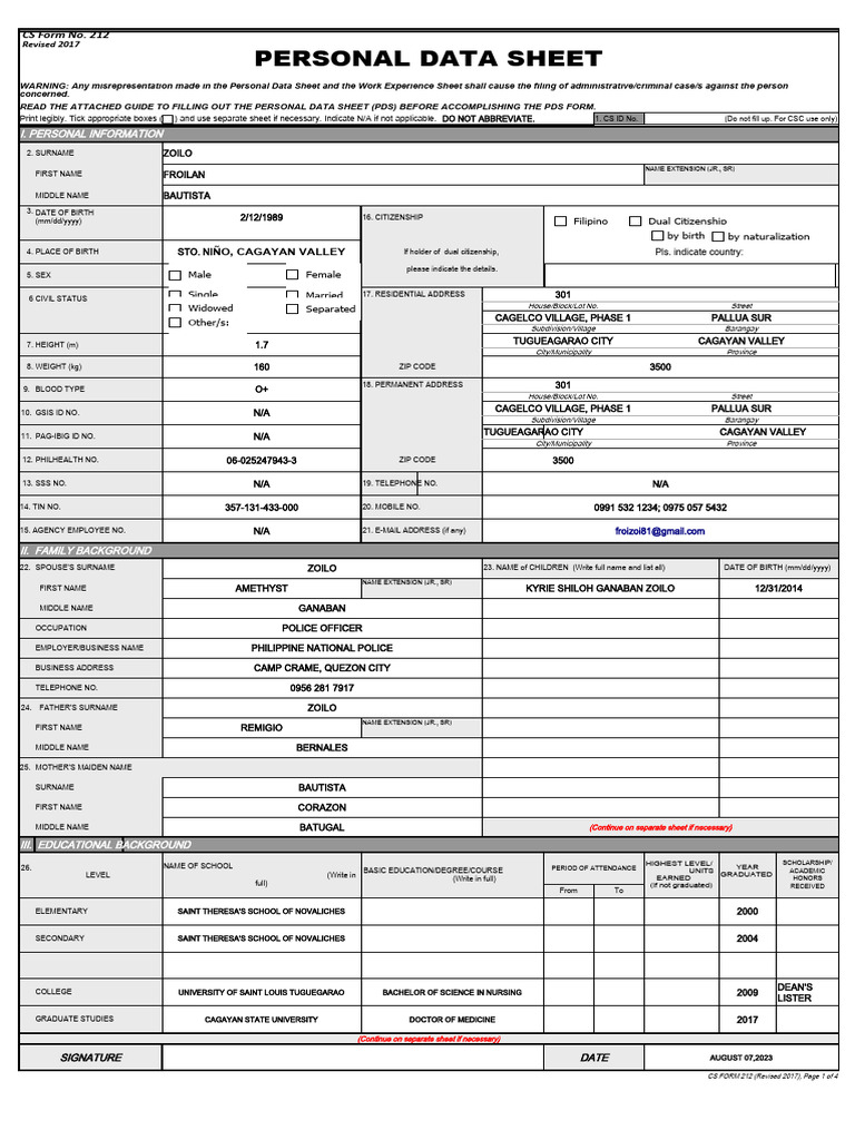 CS Form No. 212 Personal Data Sheet Revised | PDF