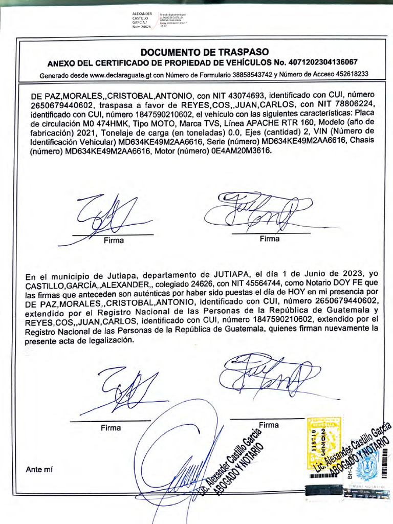 Anexo Certificado de Traspaso | PDF