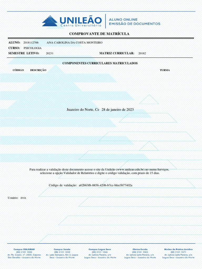 Comprovante de Matrícula Sem Ponto | PDF